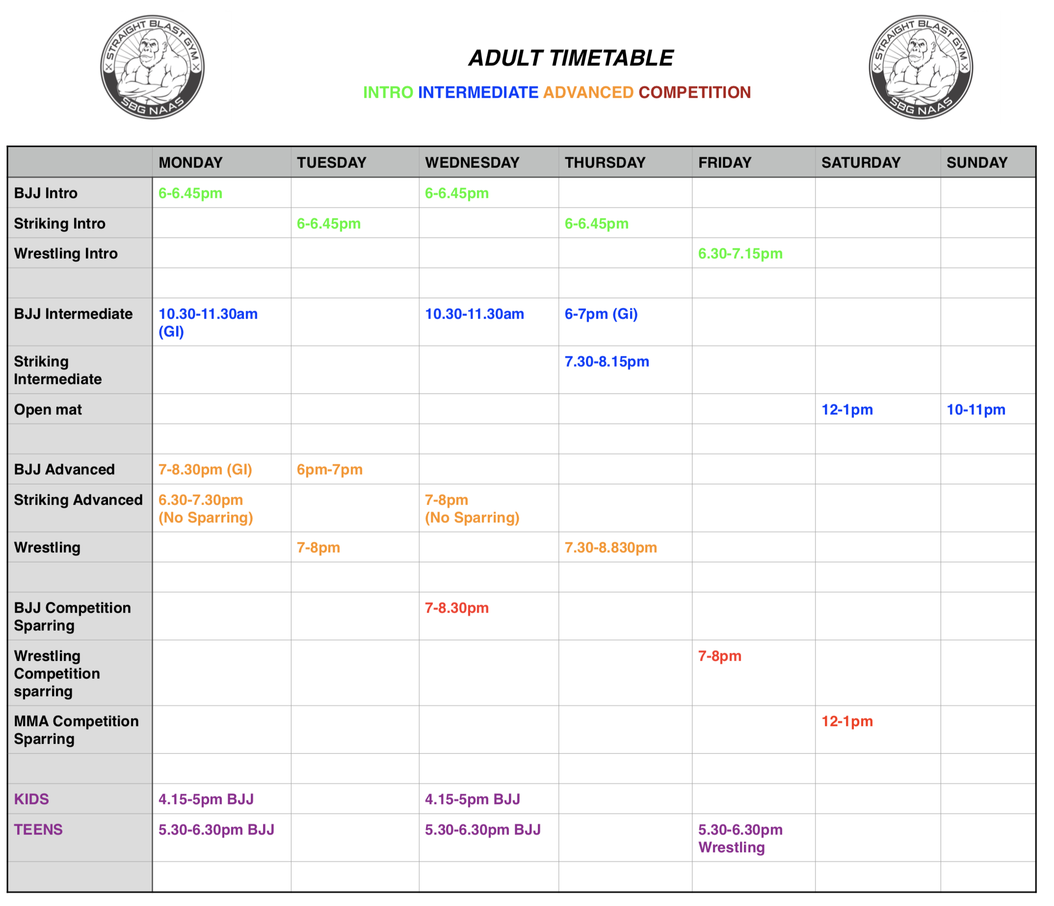 Timetable | SBG Naas